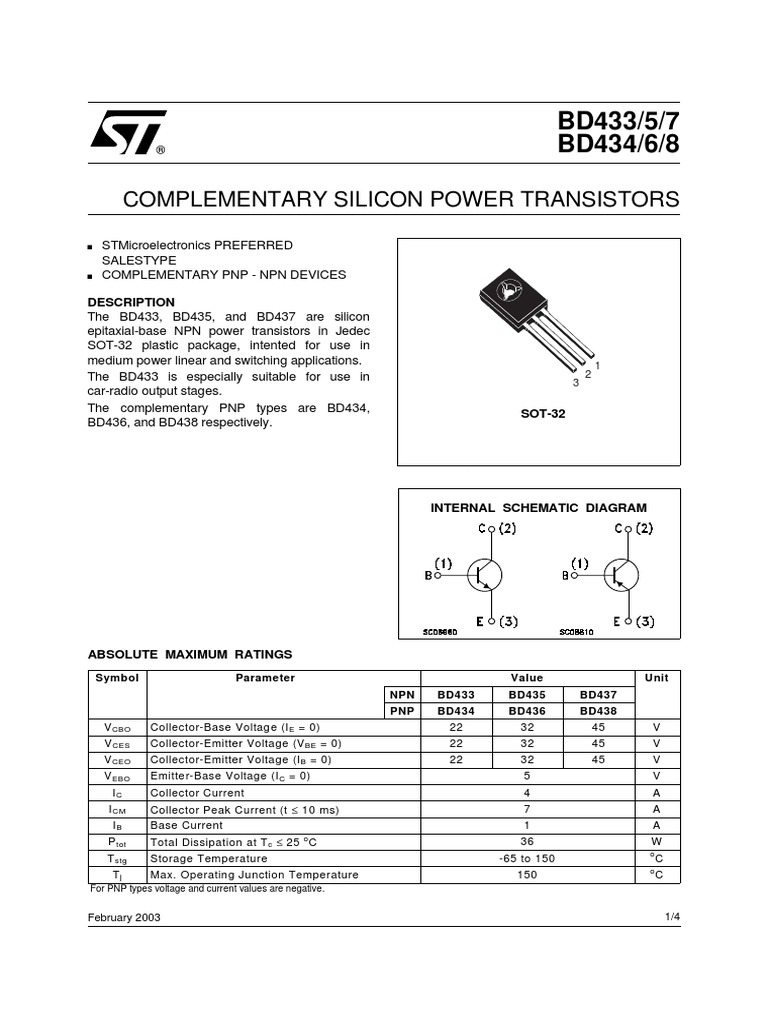 bd433 bd434 bd435 bd436 bd437 bd438 | PDF | Bipolar Junction Transistor | Manufactured Goods