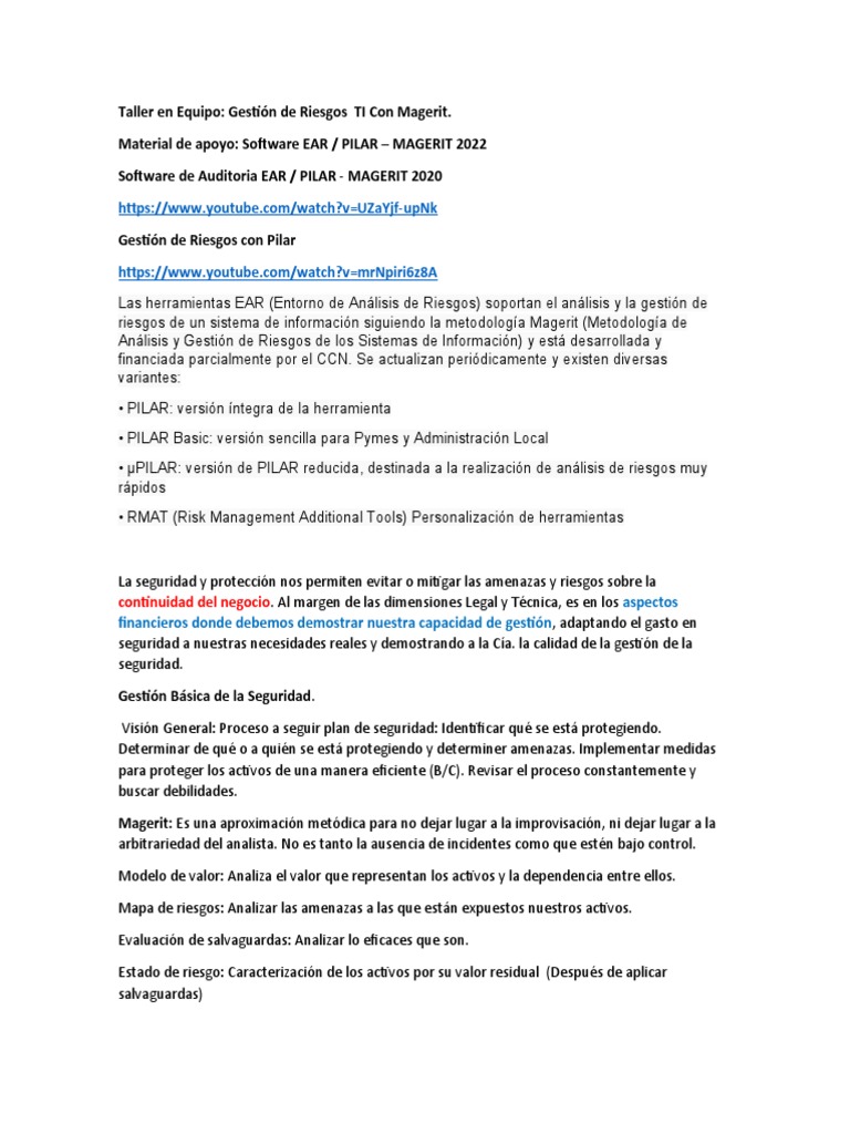 Taller Equipo Gestión de Riesgos Con Magerit | PDF | Valores | Riesgo