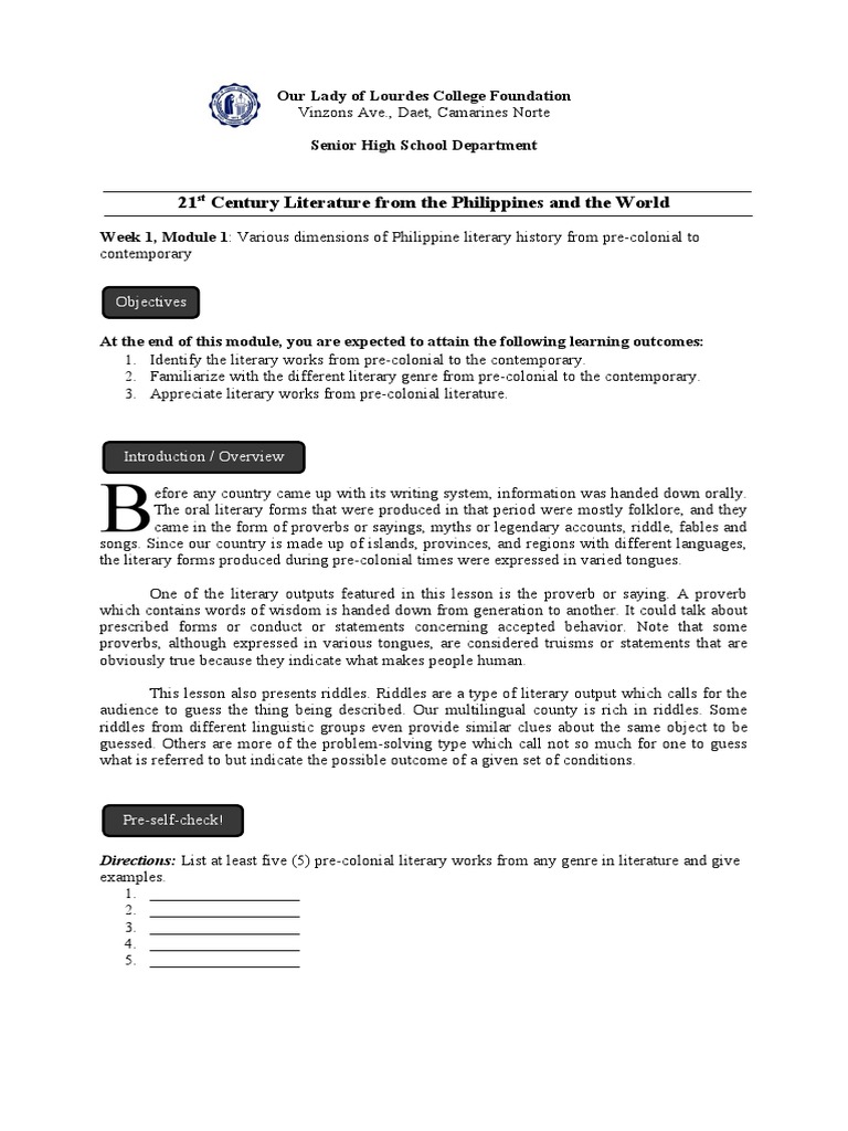 Philippine Pre-Colonial Literary Forms | PDF | Riddle | Poetry