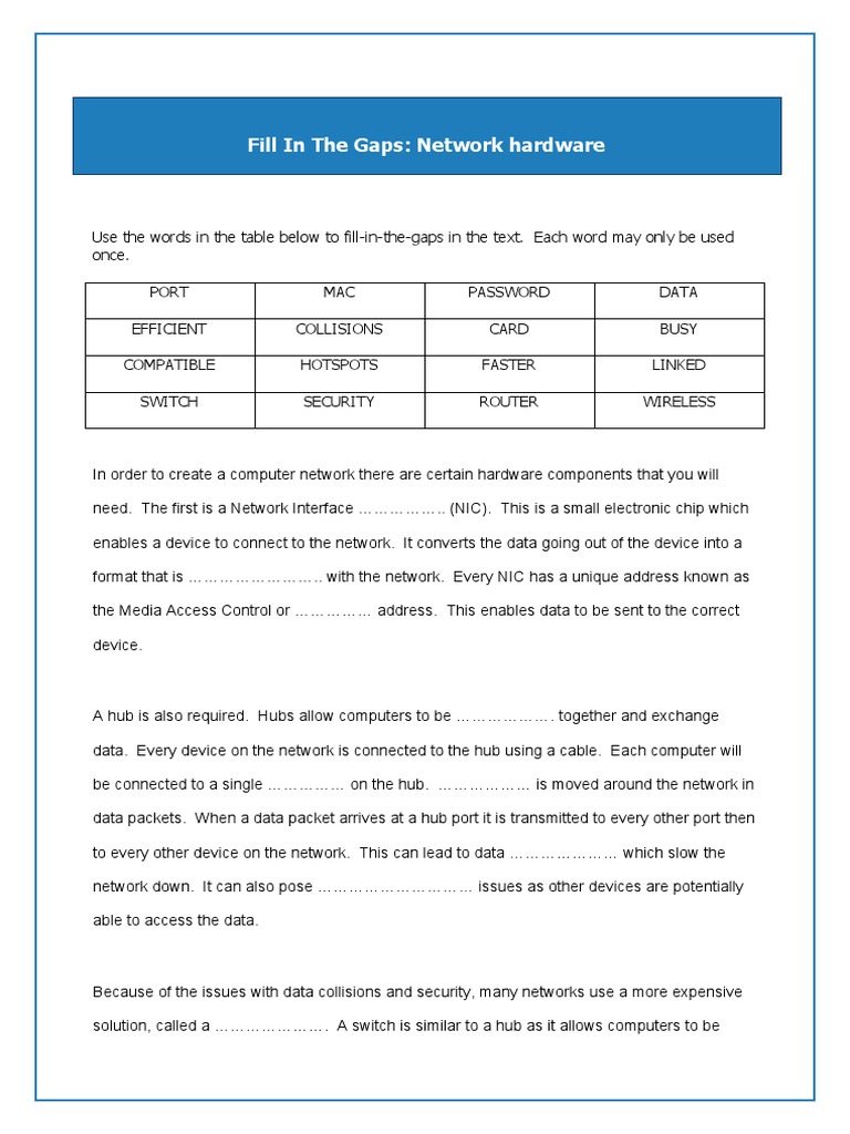 Fill in The Gaps Network Hardware | PDF | Computer Network | Wireless Access Point