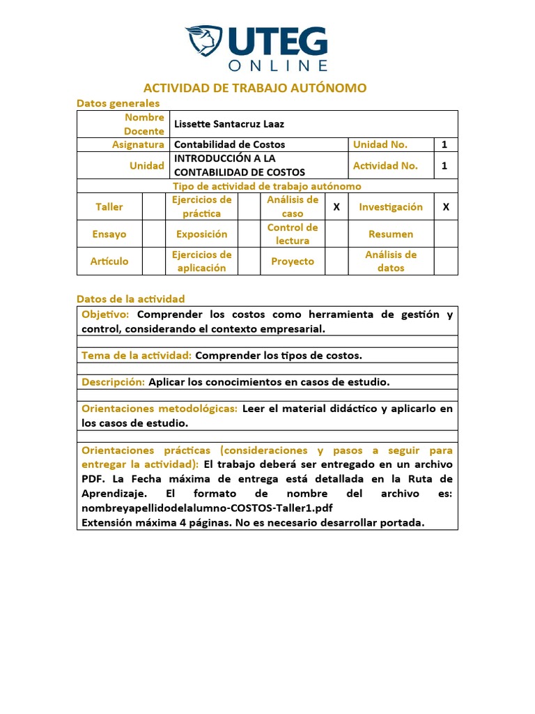Taller Unidad 1 Contabilidad de Costos | PDF | Contabilidad | Business