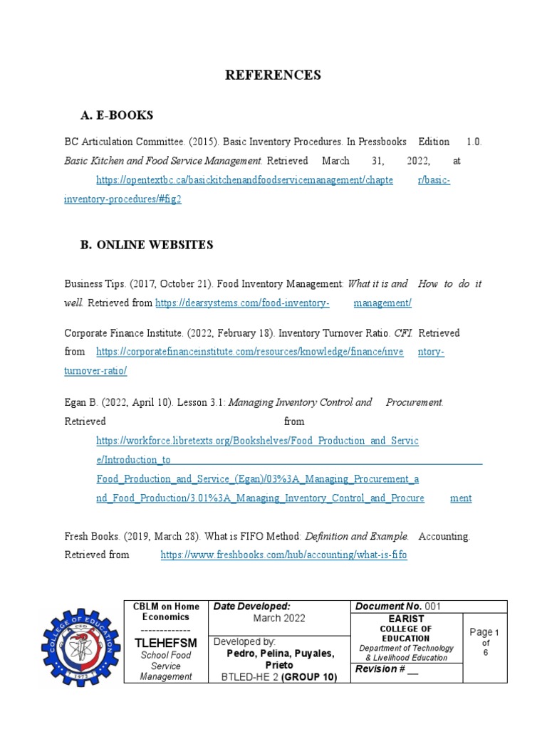 (REFERENCES) CBLM - School Food Canteen Management | PDF | Inventory | Management Accounting
