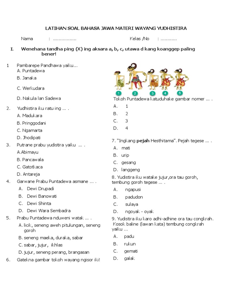 Latihan Soal Bahasa Jawa Materi Wayang Yudhistira | PDF