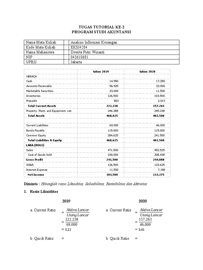 Tugas Tutorial Ke-2 Analisis Informasi Keuangan PDF | PDF | Debt | Equity (Finance)