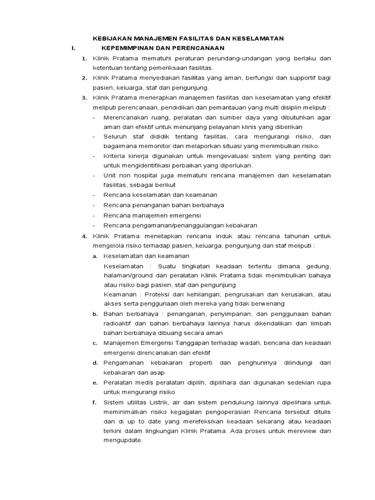 Manajemen Fasilitas Dan Keselamatan Klinik Pratama | PDF
