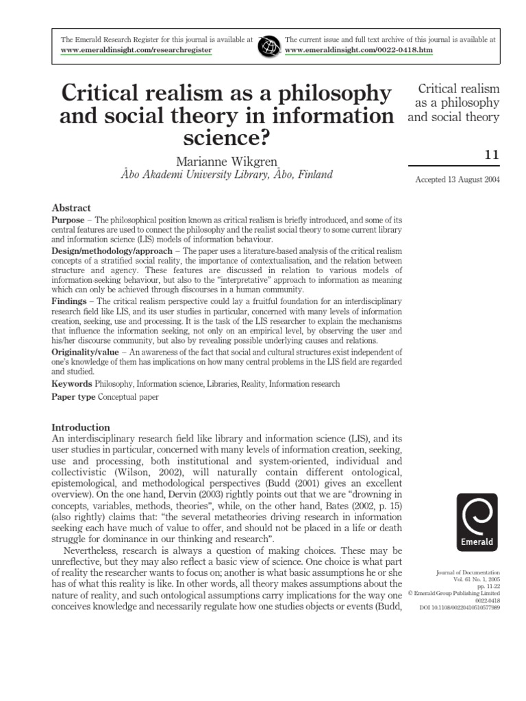 Critical Realism in Information Science | PDF | Reality | Philosophical ...