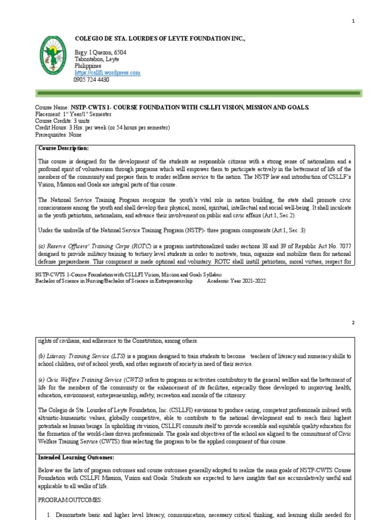 NSTP-CWTS Course Overview and Goals | PDF | Curriculum | Bachelor's Degree