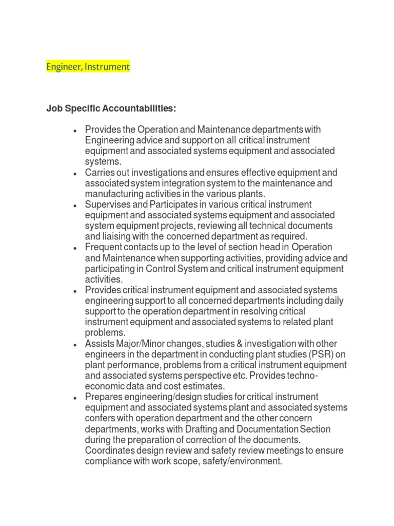 JD - Engineer, Instrument - Maintenance | PDF | Regulatory Compliance ...