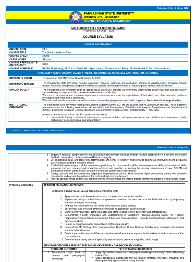COURSE SYLLABUS IN GE9 BECEd 2B First Semester SY 2021 2022 2 | PDF ...