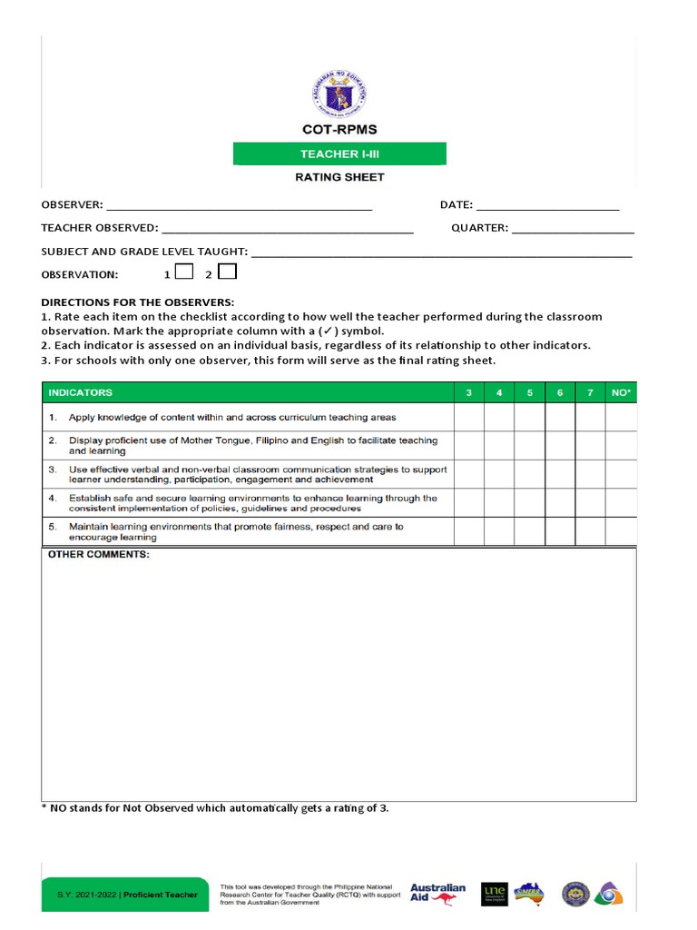 COT Rating Sheet for Classroom Observation | PDF