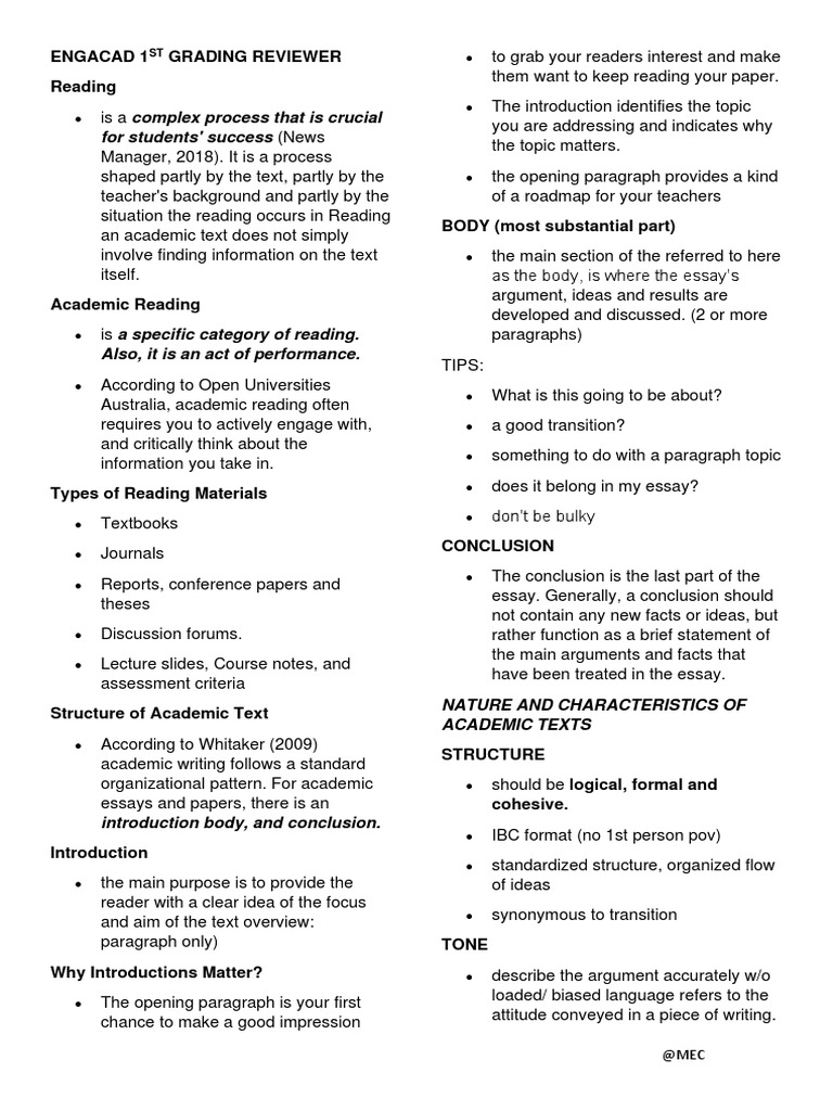 Engacad 1st Grading Academic Writing Guide | PDF | Essays | Reading ...
