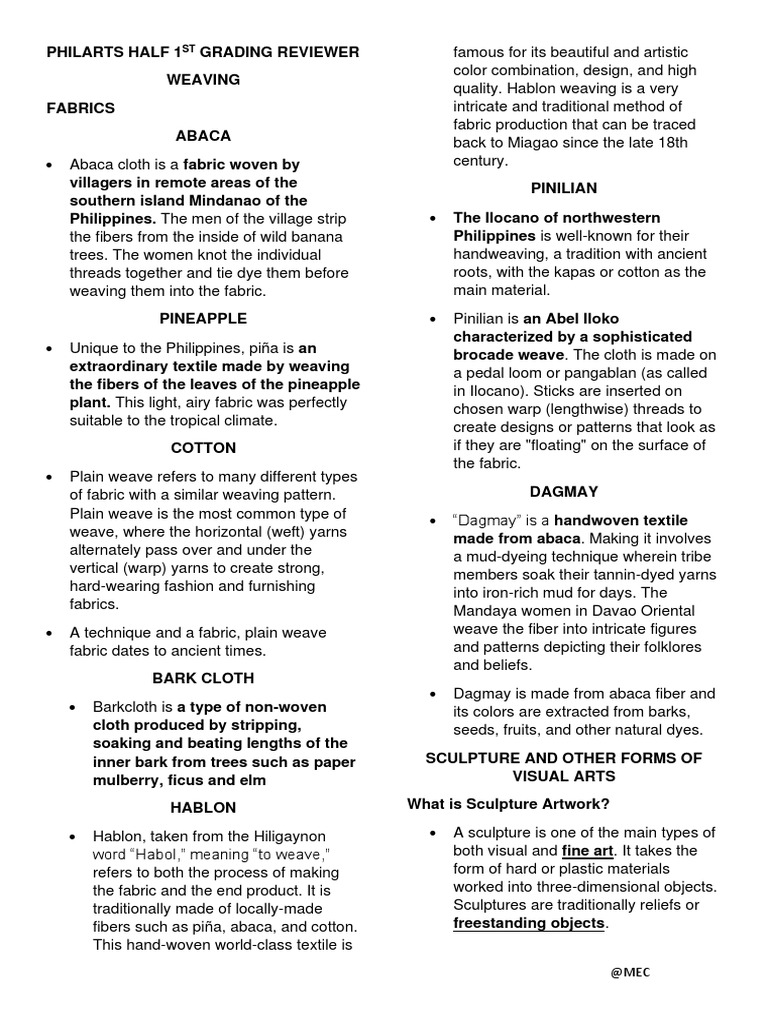 Philarts Half 1ST Grading Reviewer | PDF | Weaving | Textiles