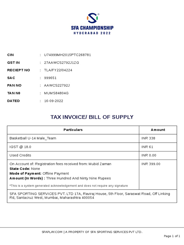 Youth Basketball Registration Invoice | PDF