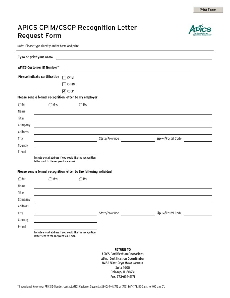 APICS CPIM CSCP Recognition Letter Request | PDF