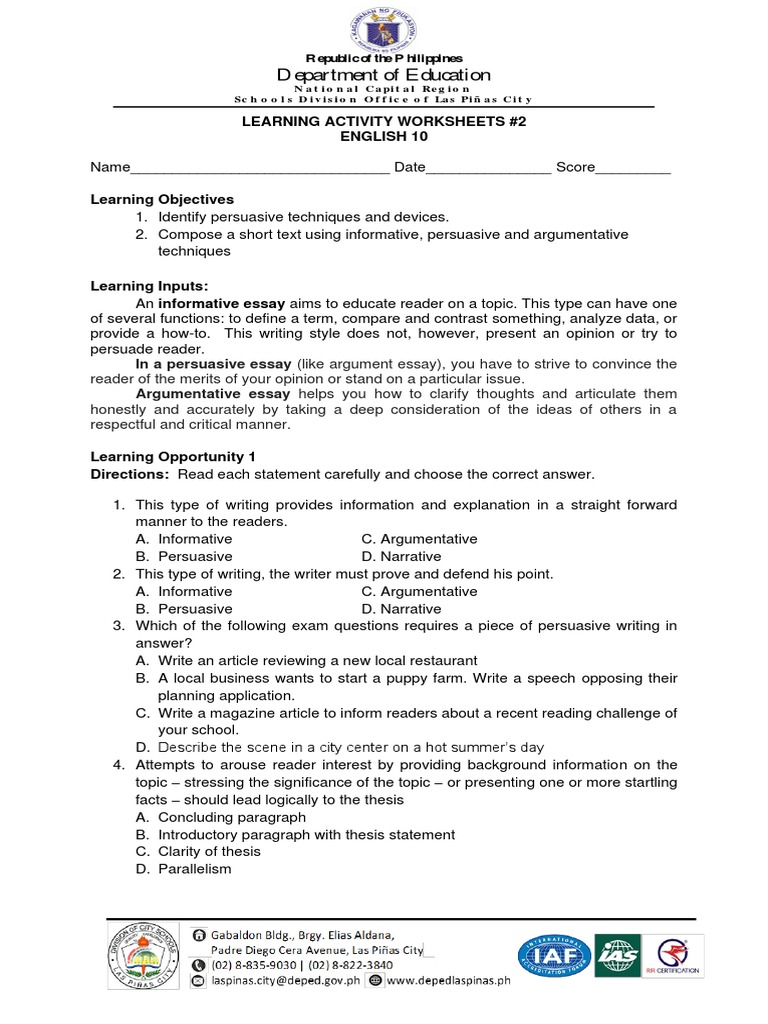 Law 2 Grade 10 Quarter 3 | Pdf | Essays | Logic