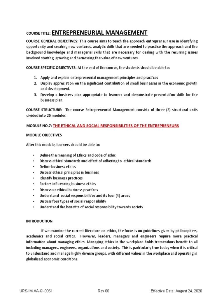 Module 7 The Ethical Social Responsibilities of The Entrepreneurs | PDF ...