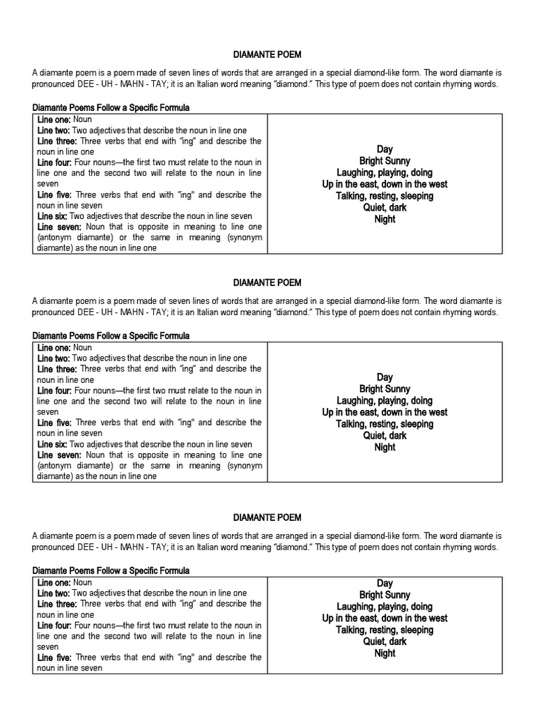 Diamante Poem | PDF | Noun | Adjective