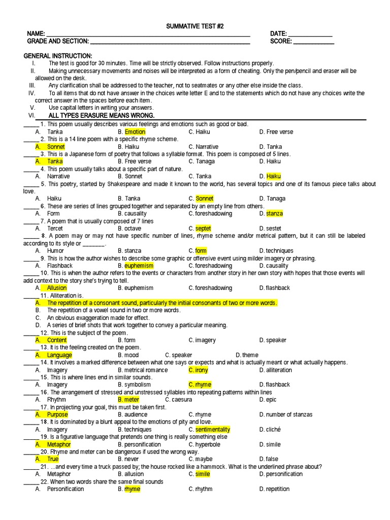 Cw-Summative Test #2 | Download Free PDF | Poetry | Metre (Poetry)