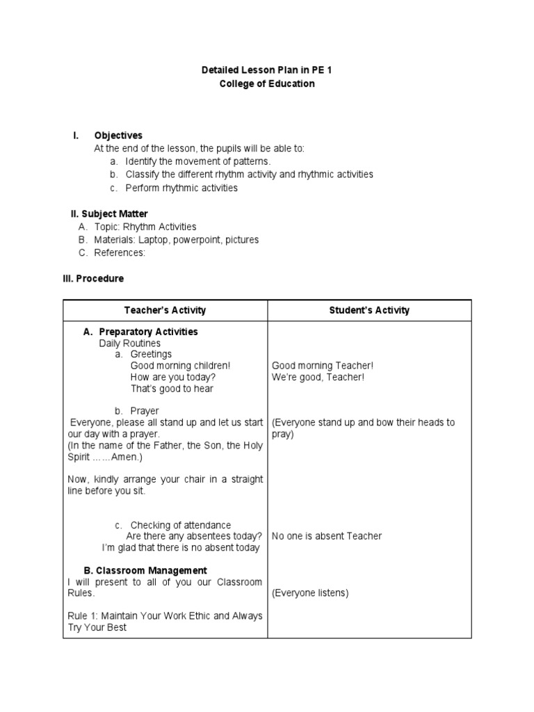 Detailed Lesson Plan in PE 1 - Final | PDF | Rhythm | Teachers