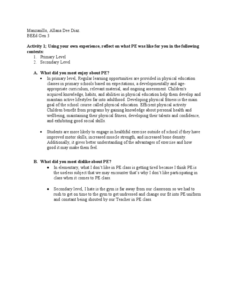 Reflections on Physical Education Experiences | PDF