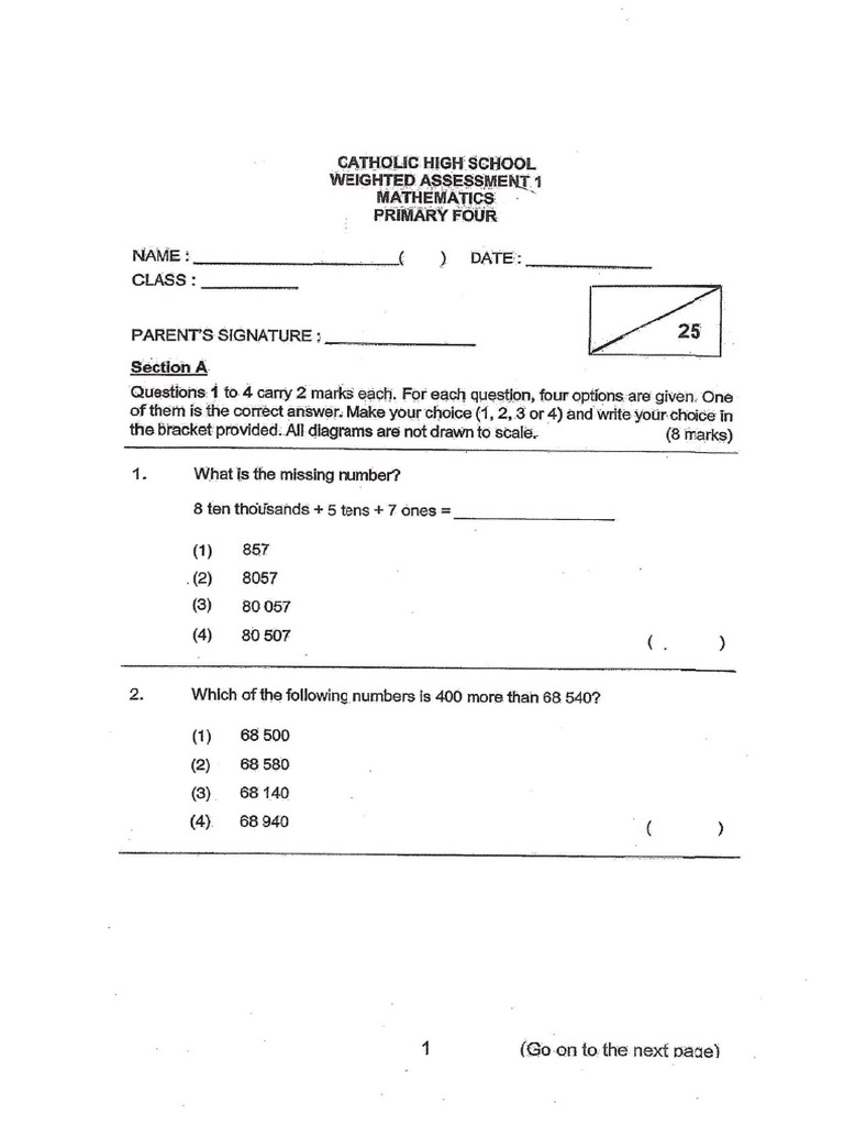 P4 Maths 2020 CA1 Catholic Exam Paper | PDF