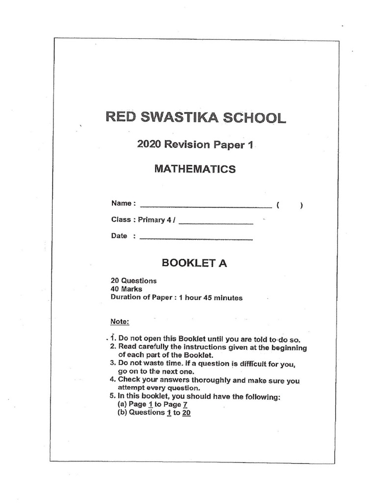 P4 Maths 2020 SA1 Red Swastika Exam Paper | PDF