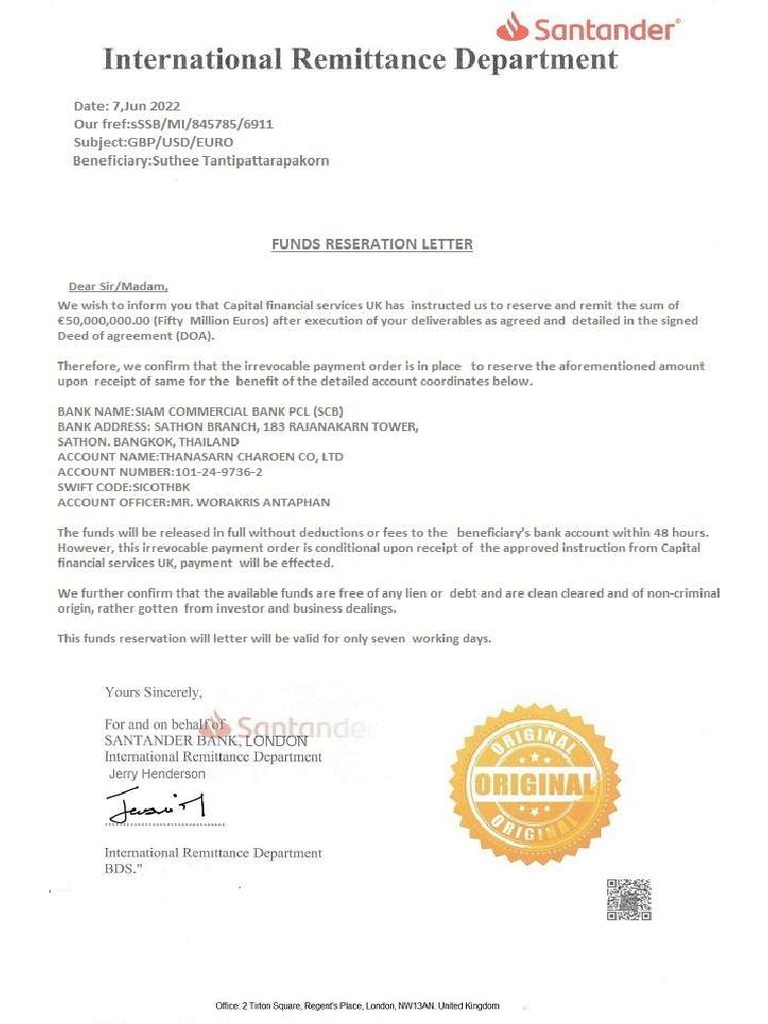 Funds Reservation Letter CFS | PDF