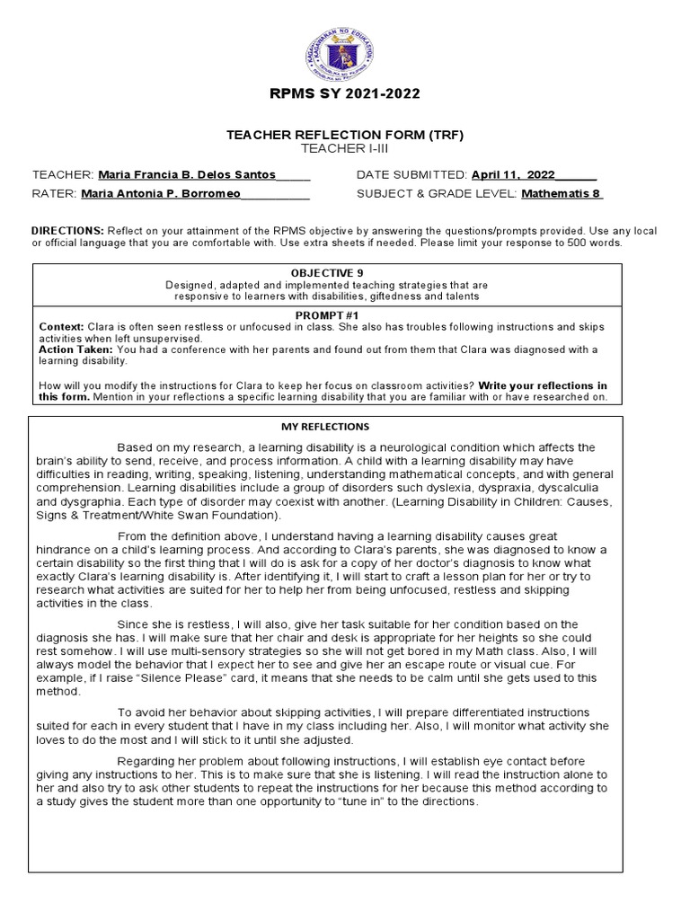 RPMS Teacher Reflection Form 2021 2022 | Download Free PDF | Learning ...