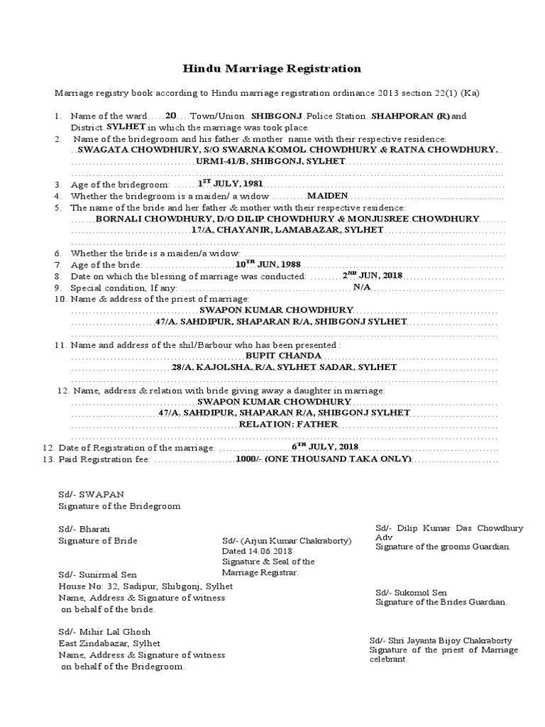 Marriage Registry Book According To Hindu Marriage Registration ...