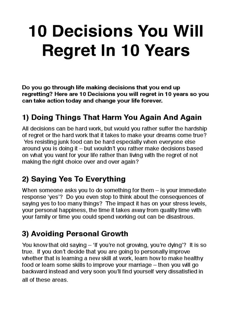 Avoid Regret: 10 Decisions to Change | PDF | Psychology