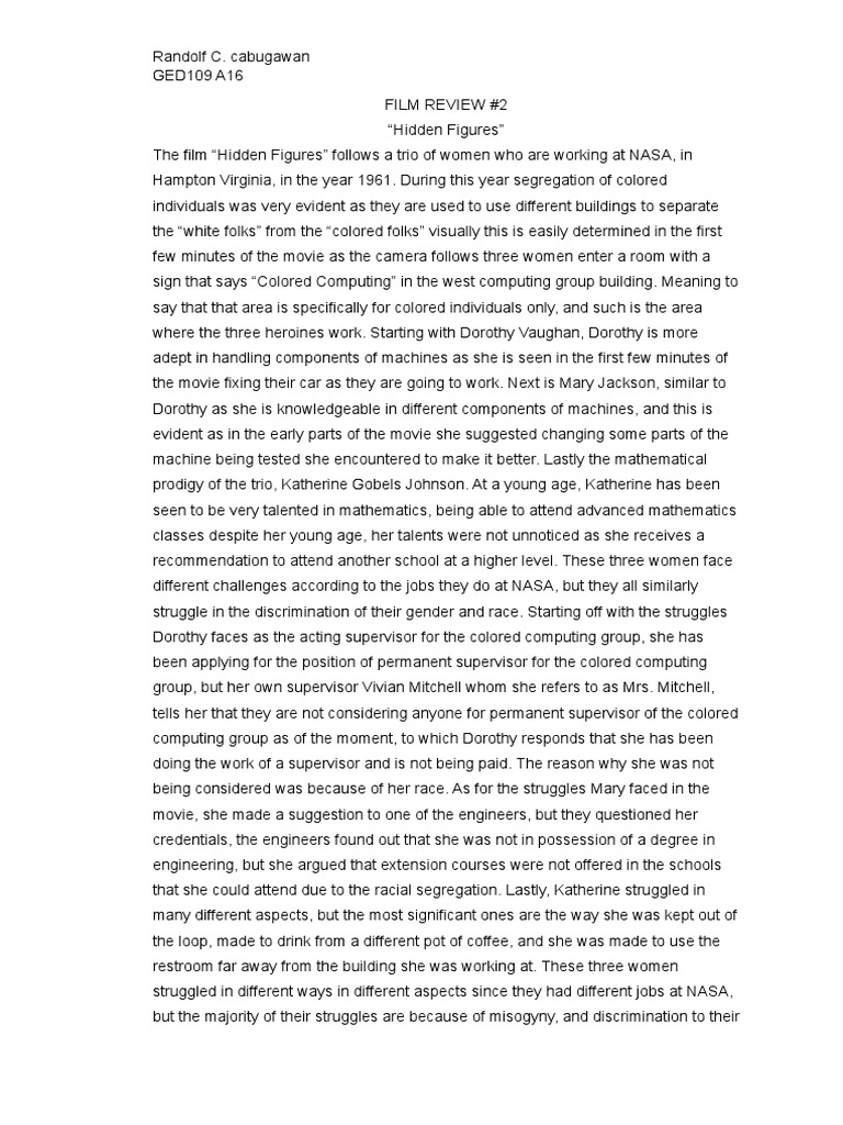 A16 GED109 Cabugawan - FilmAnalysis | PDF | Hidden Figures | Social ...