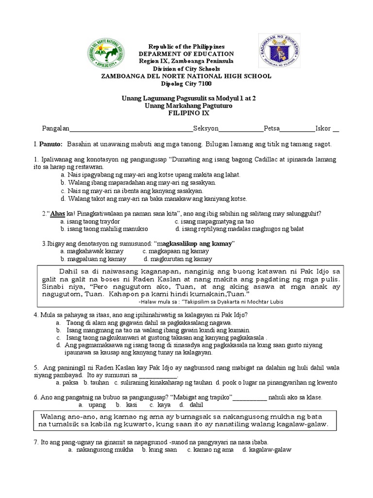 Fil9 q1 Unang Lagumang Pagsusulit | PDF