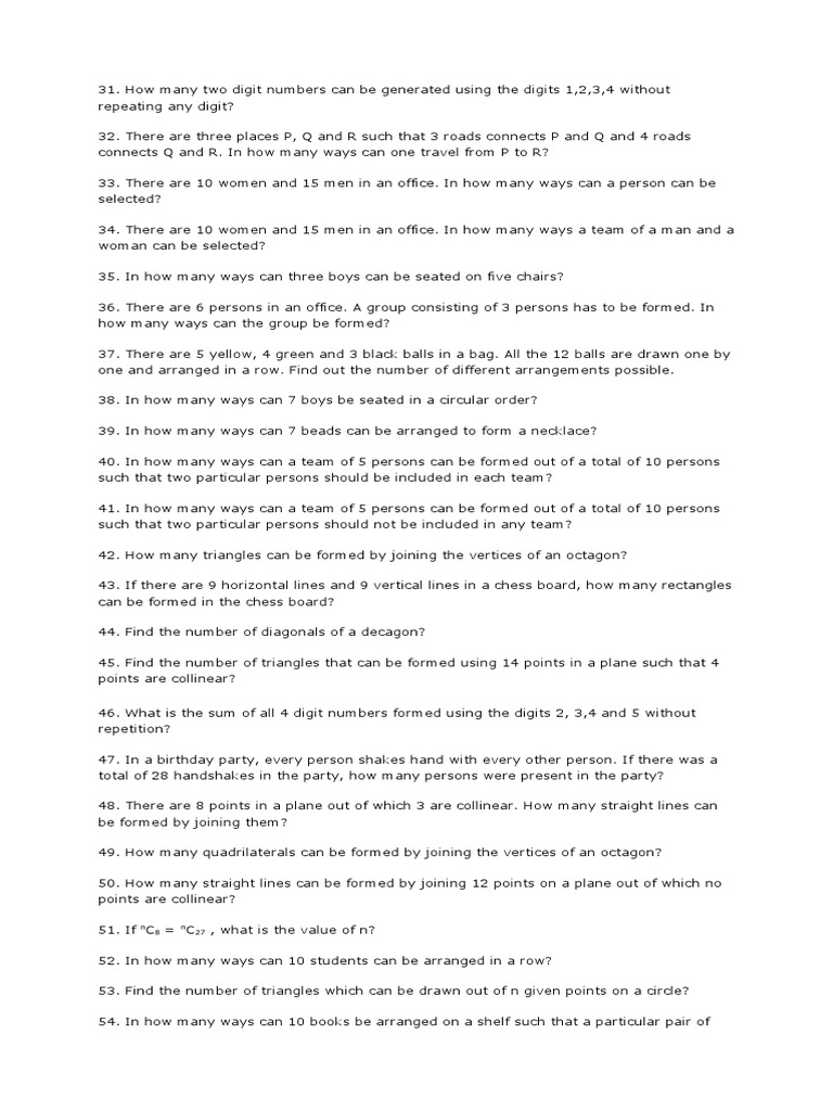 Number of arrangements and combinations in math word problems | PDF ...