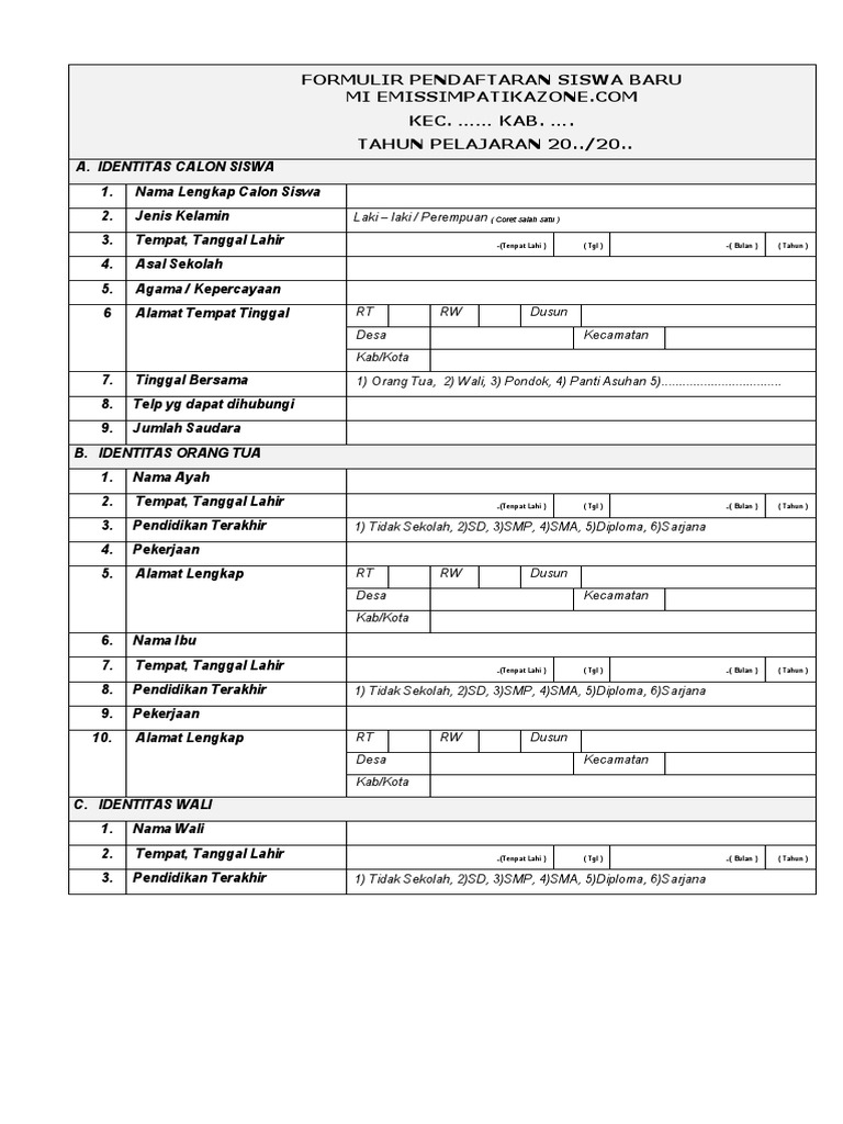 Contoh Formulir Pendaftaran Siswa Baru PPDB 2019-2020 | PDF