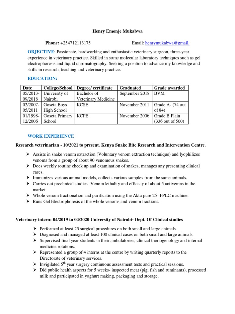 Resume For Henry - 08mar2022 | PDF | Veterinary Medicine | Medicine