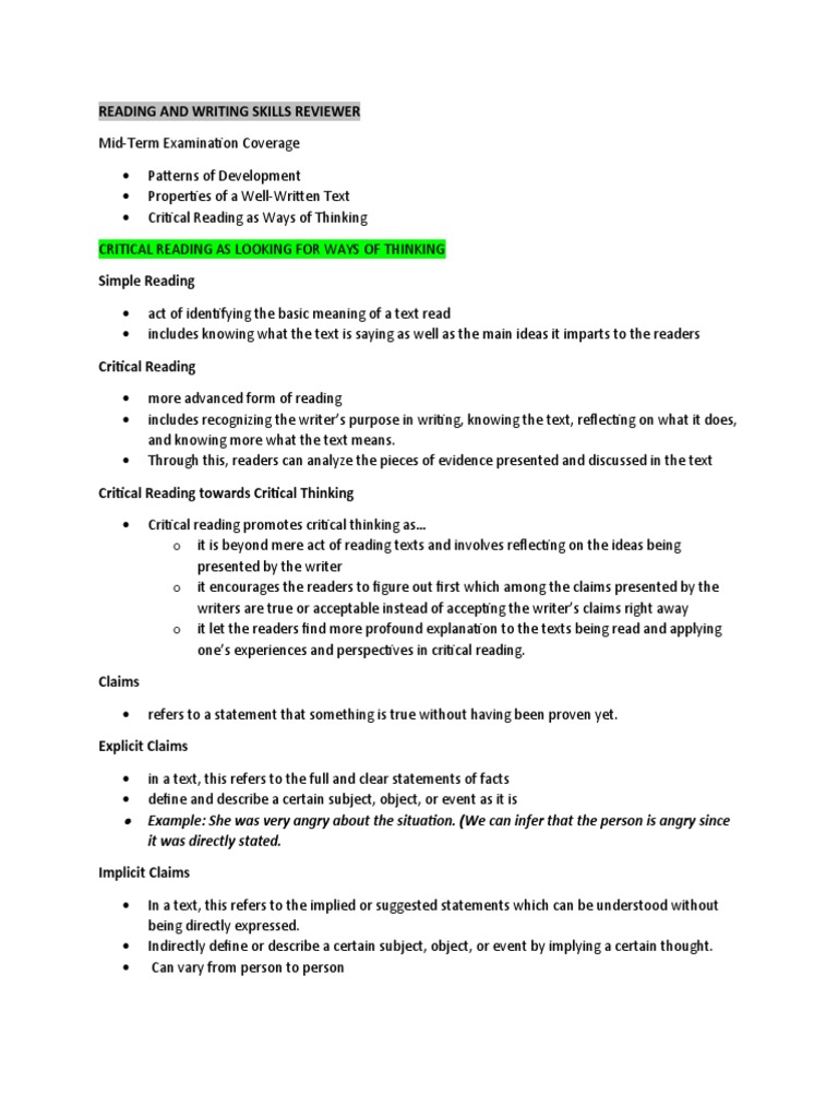 Reading and Writing Skills Reviewer | PDF | Thought | Punctuation