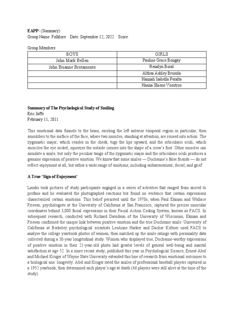 Summary of The Psychological Study of Smiling | PDF | Smile | Psychology