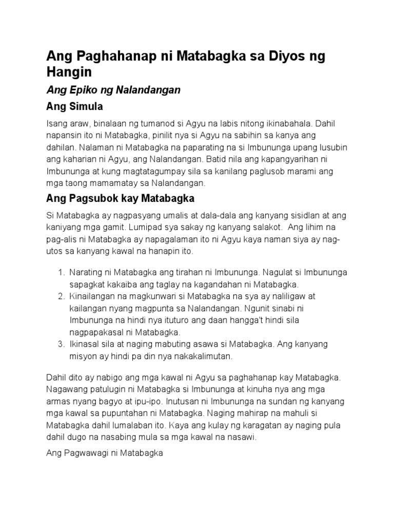 Ang Paghahanap Ni Matabagka Sa Diyos NG Hangin-Epiko Ni Matangka | PDF