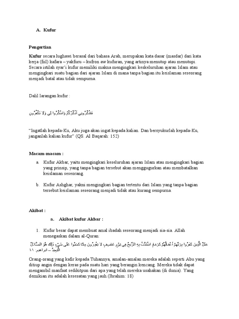 A. Kufur Pengertian Kufur Secara Lughawi Berasal Dari Bahasa Arab ...