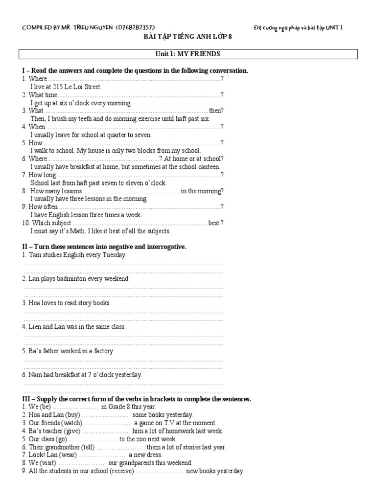 Bài Tập Bổ Trợ Học Thêm TA8 | PDF