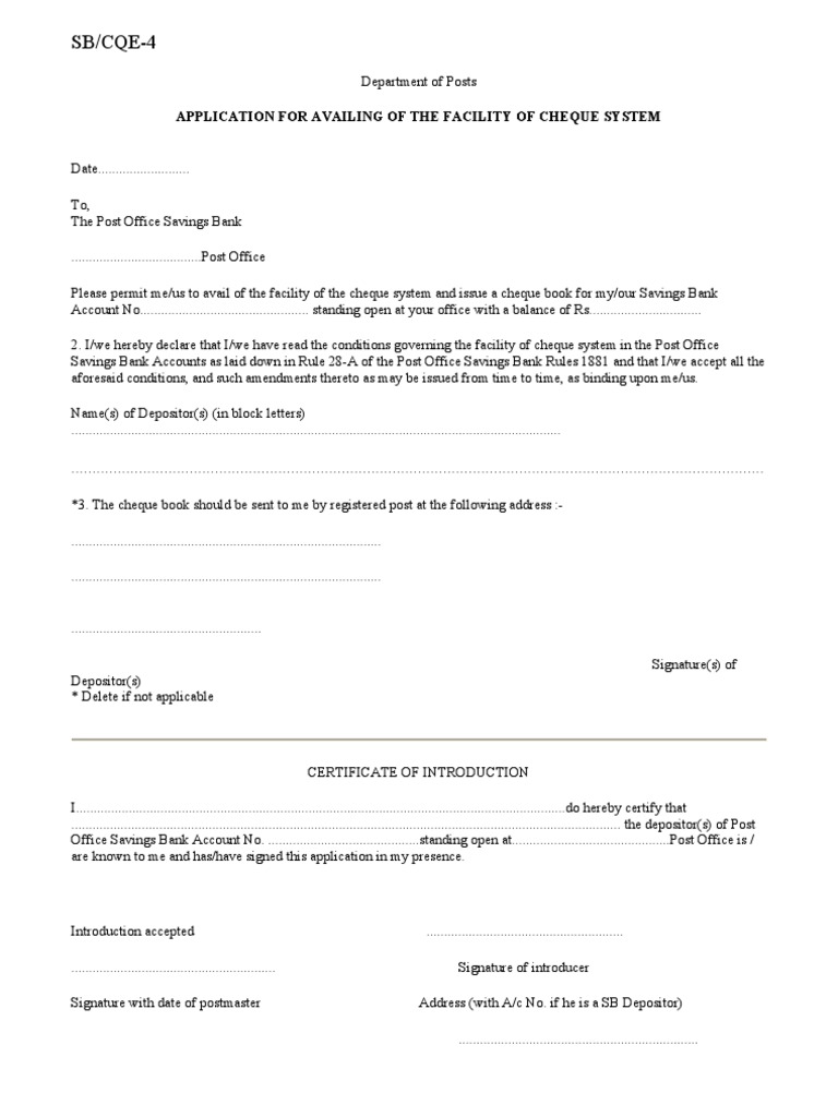 SBCQE4 Applnfor Availing Cheque System | PDF