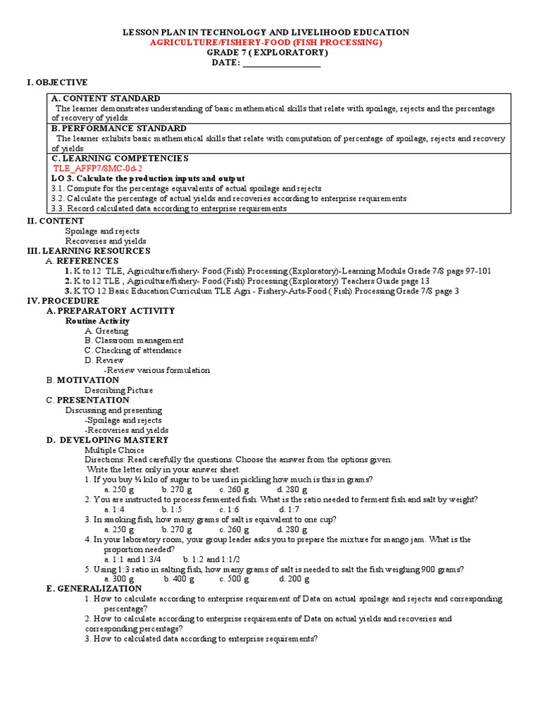 Food Processing 8 | PDF | Lesson Plan | Learning