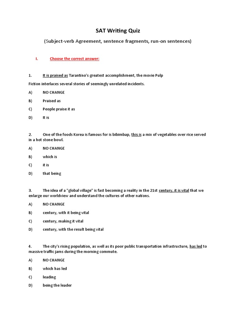 SAT Writing Quiz: Fragments & Run-Ons | PDF