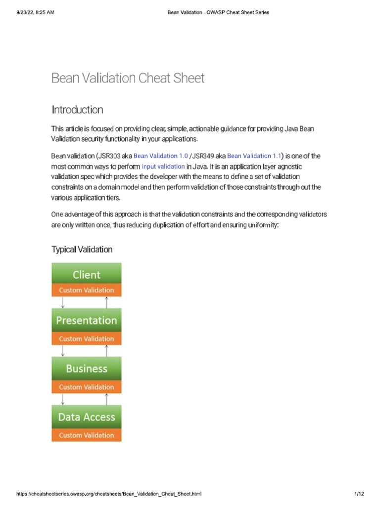 Bean Validation - OWASP Cheat Sheet | PDF