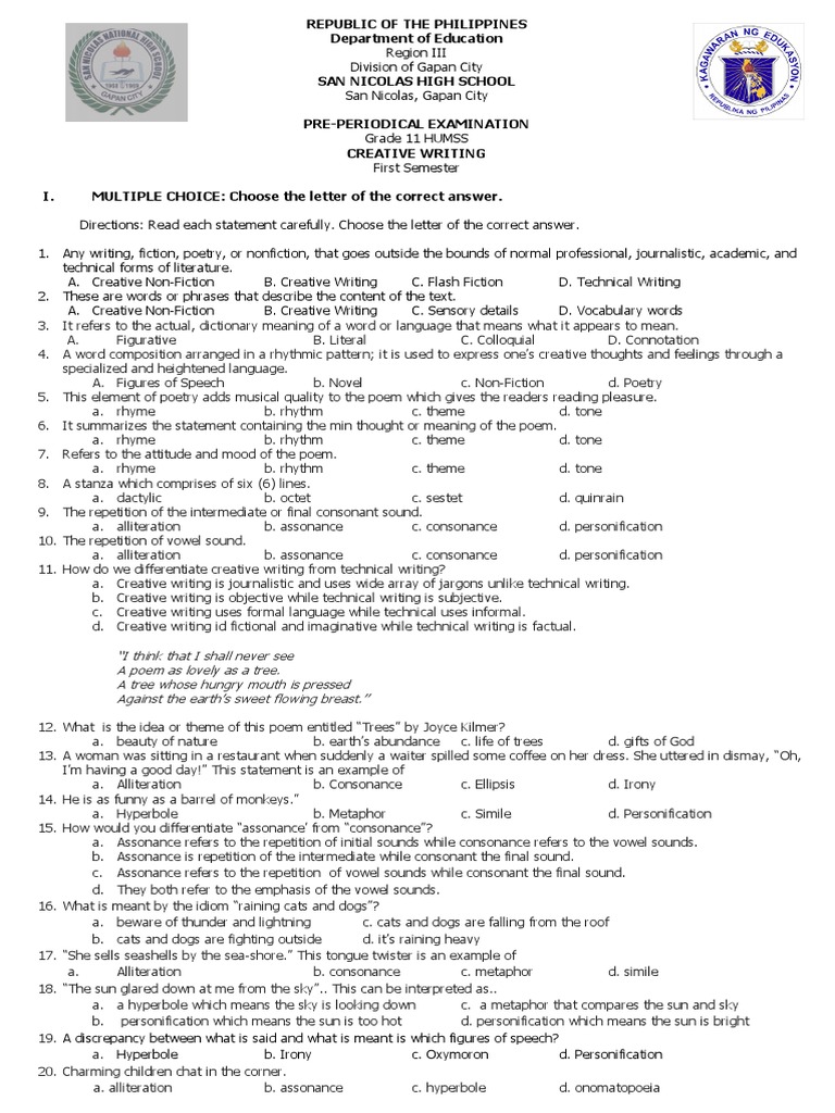Grade 11 HUMSS Creative Writing Exam | PDF | Poetry | Poetic Devices