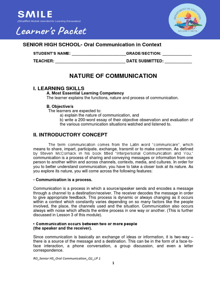 Oral Communication q1 Lp-1 | PDF | Communication | Nonverbal Communication