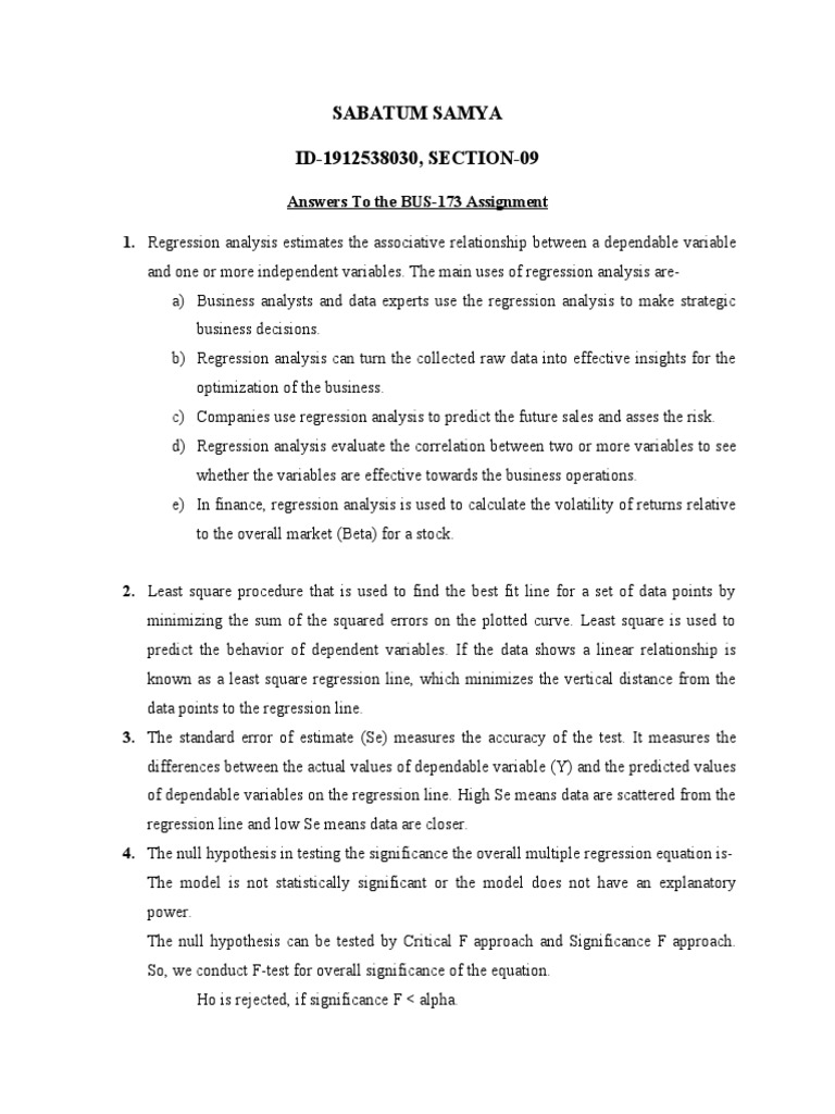 BUS173 Assignment | PDF | Regression Analysis | Linear Regression