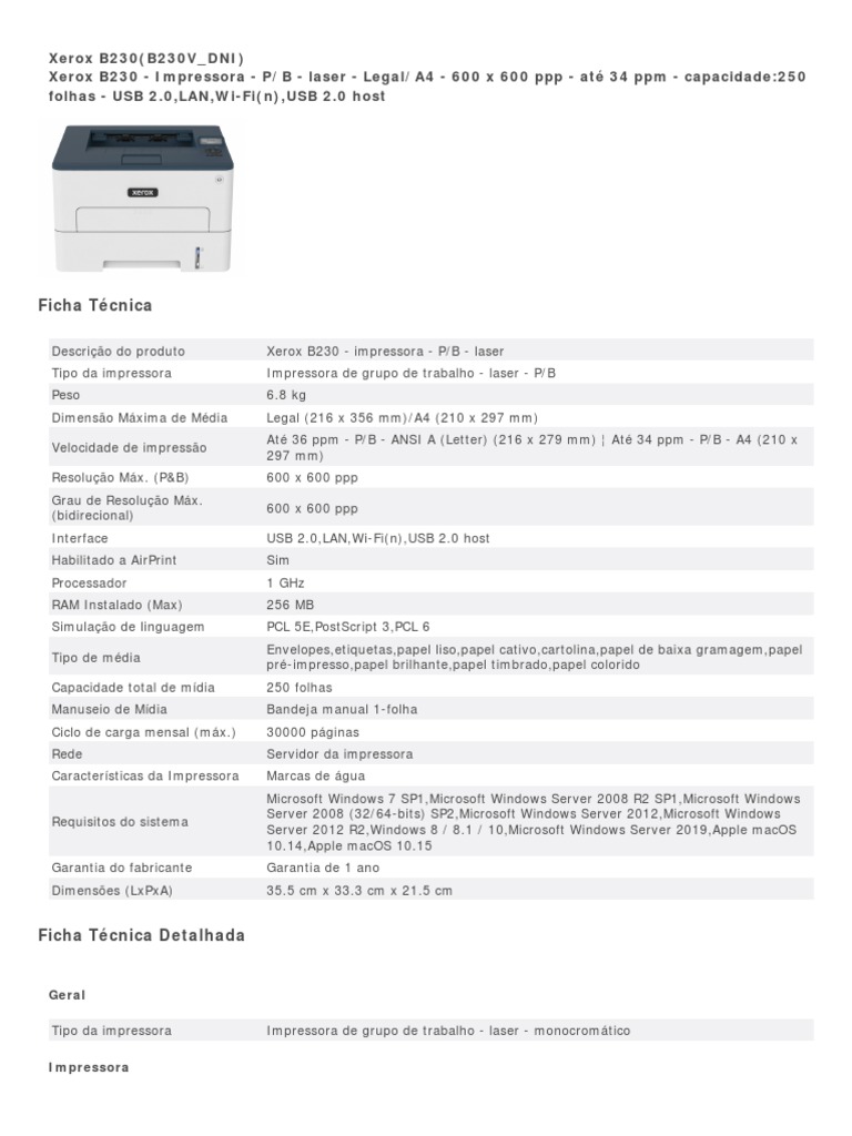 Product Data Sheet - Xerox B230 (B230V - DNI) | PDF | Microsoft | Microsoft Windows