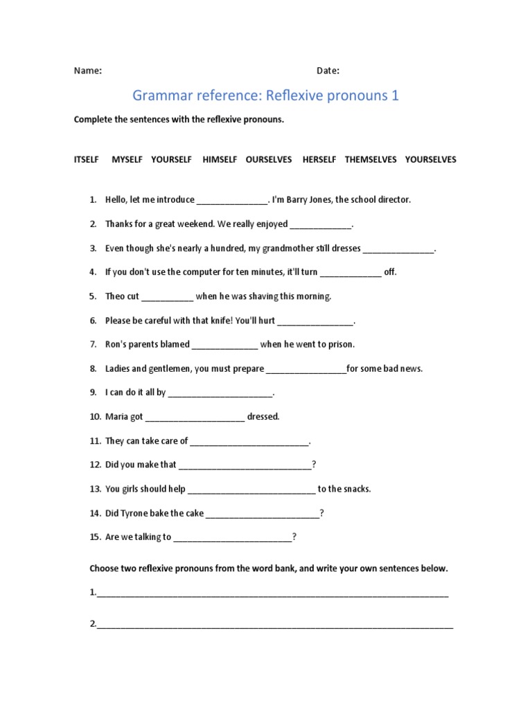 Reflexive Pronouns Worksheet | PDF