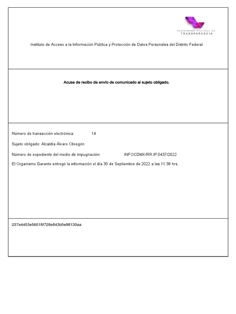 INFOCDMX RR - Ip.0437 2022 20220930 0014 a-AO Acuse de Envio de Comunicado Al Sujeto Obligado | PDF